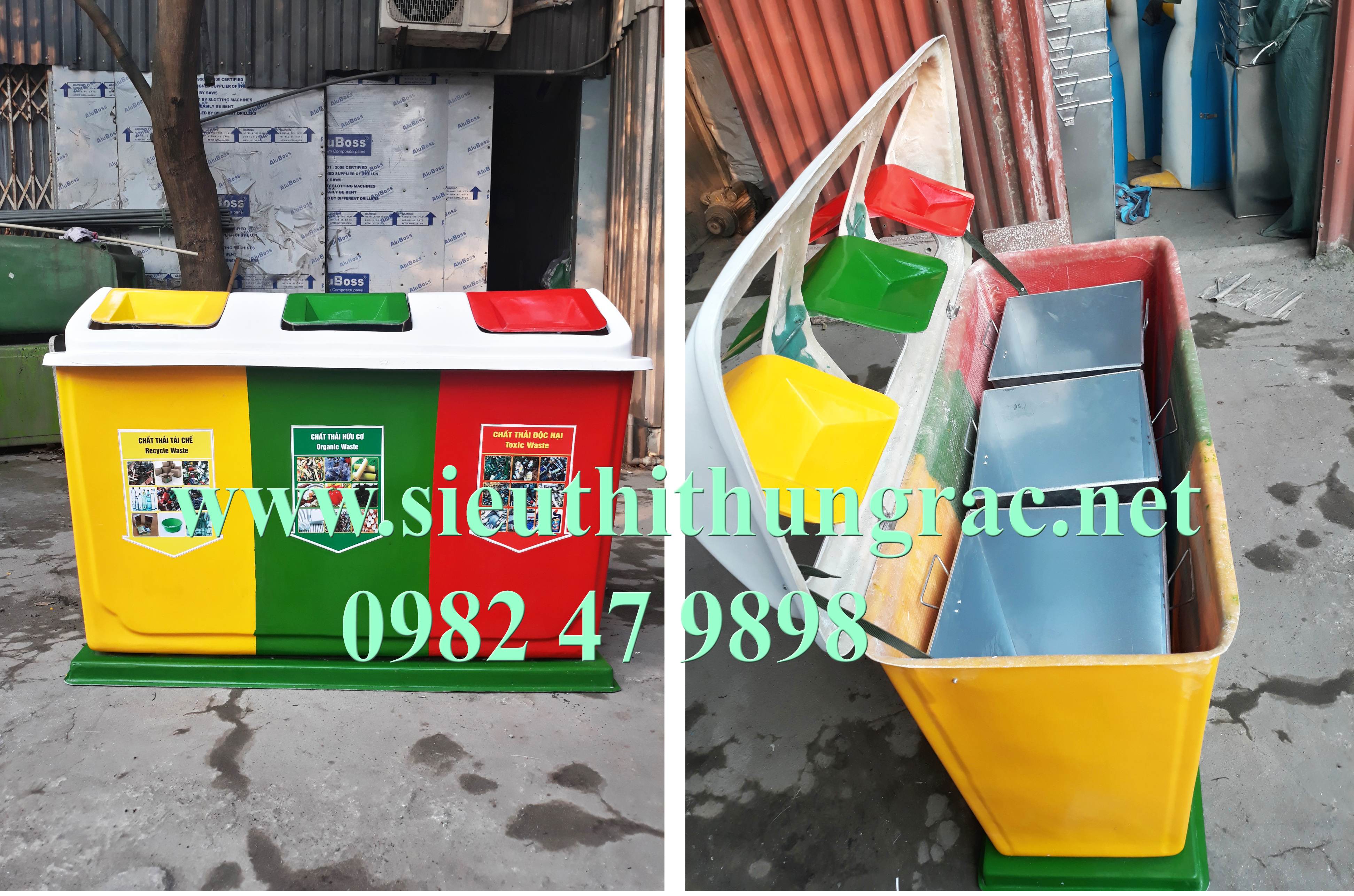 Thùng rác ba ngăn composite. Chất liệu nhựa composite siêu bền